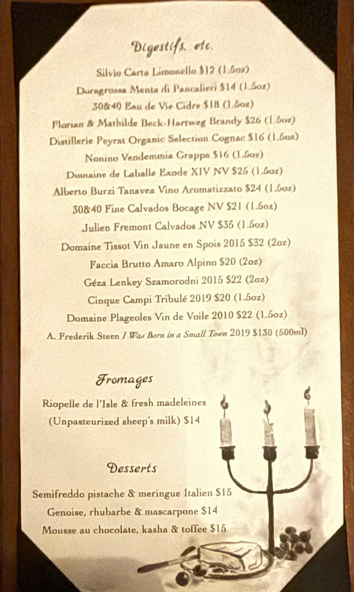 Menu at Dreyfus restaurant, Toronto, 96 Harbord St