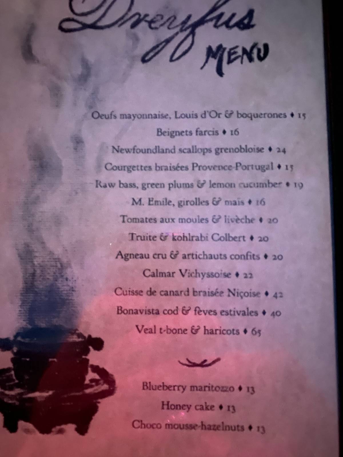 Menu at Dreyfus restaurant, Toronto, 96 Harbord St