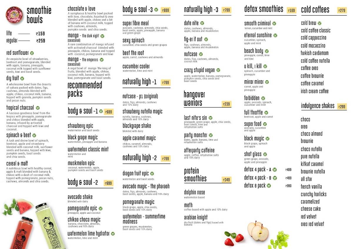 Menu at Drunken Monkey, Thanjavur