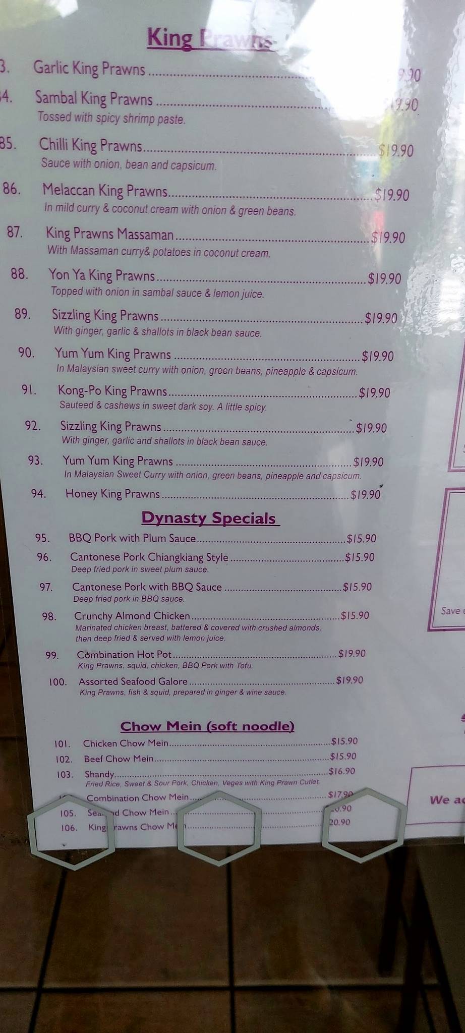 Menu at Dynasty Chinese Take Away restaurant, Margate