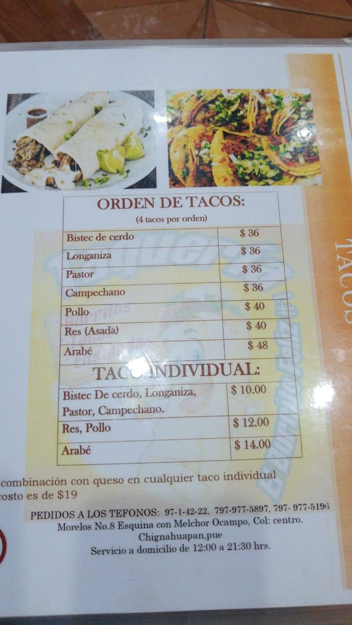 Carta del restaurante "EL BURRITO FELIZ", Chignahuapan
