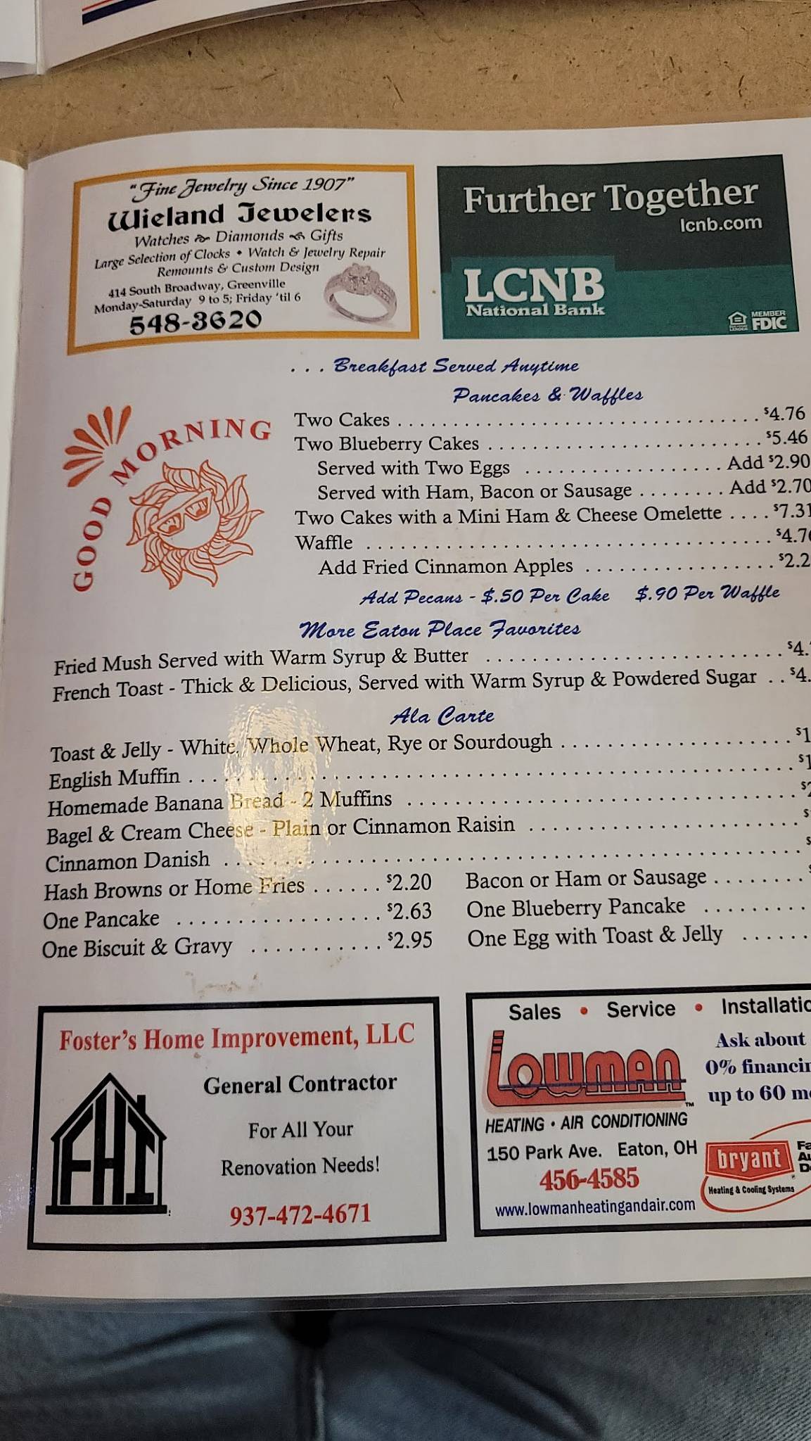 Menu at Eaton Place Restaurant, Eaton, 125 Eaton Lewisburg Rd