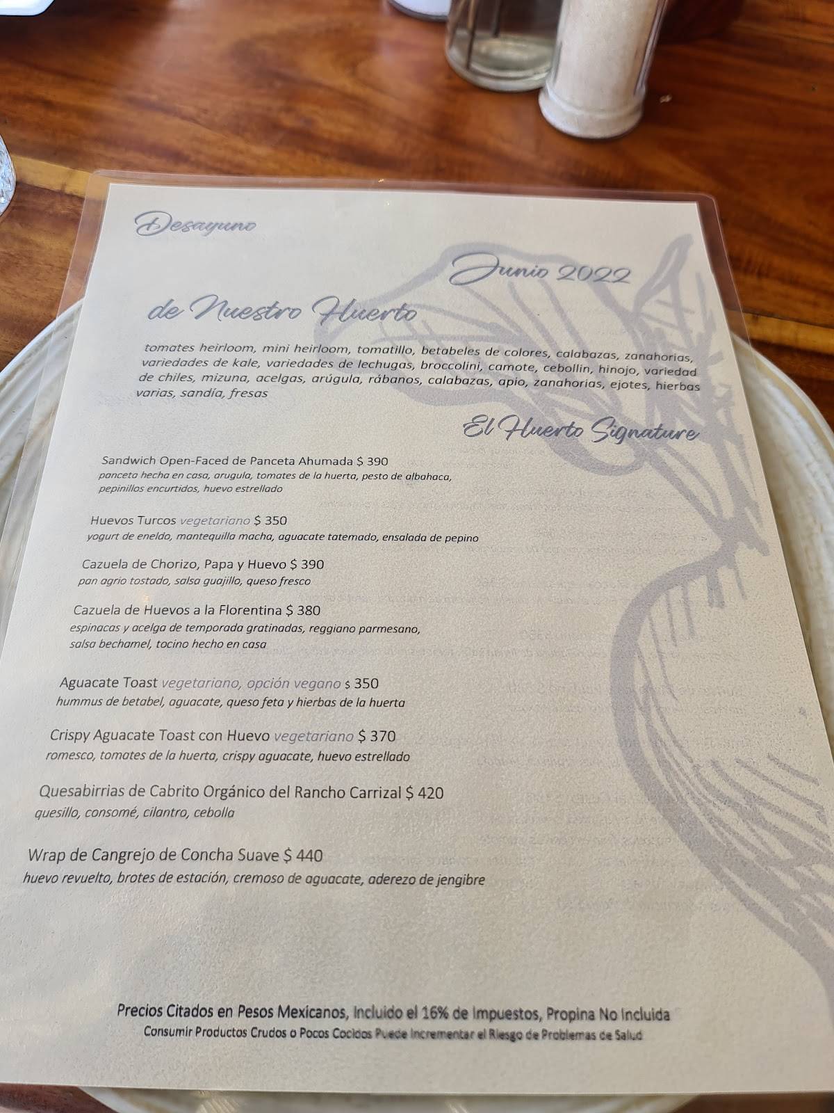 Carta del restaurante El Huerto Farm to Table, Cabo San Lucas