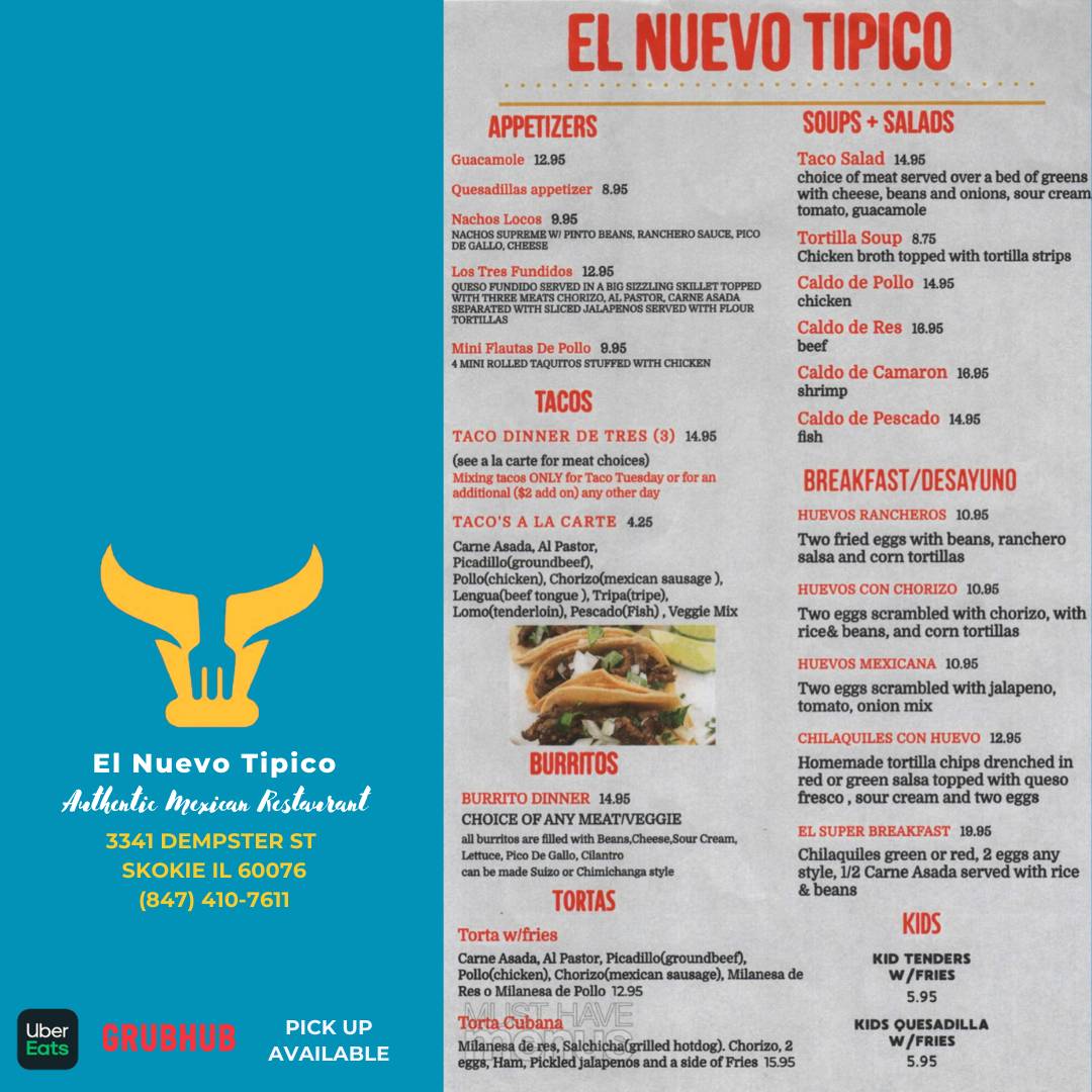 Menu at El Nuevo Tipico Mexican Restaurant, Skokie