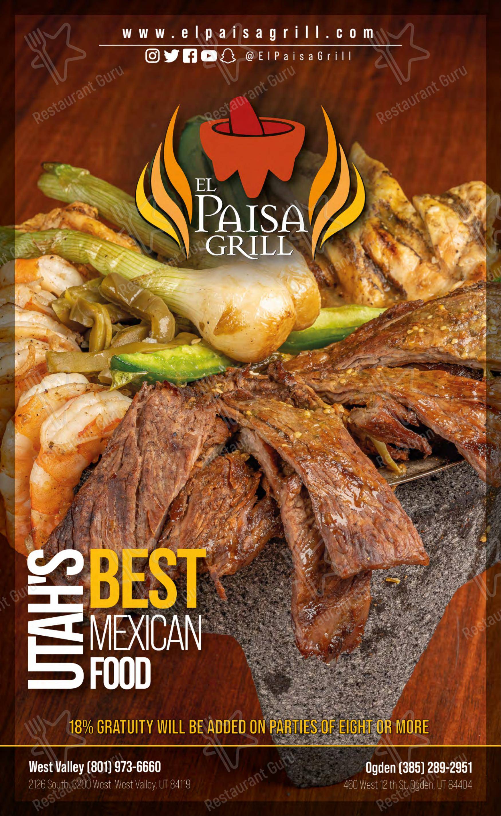 Menu at El Paisa Grill restaurant, West Valley City, S 3200 W