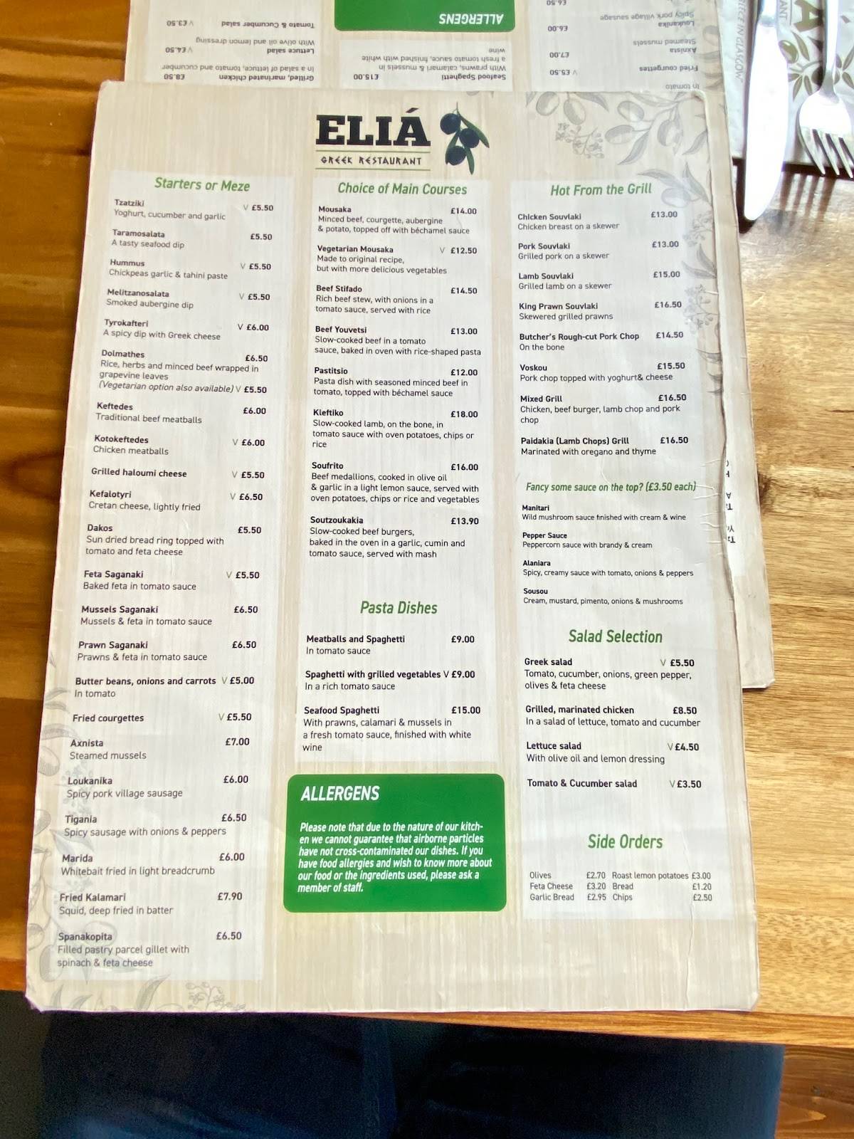 Menu at Elia Greek Restaurant, Glasgow