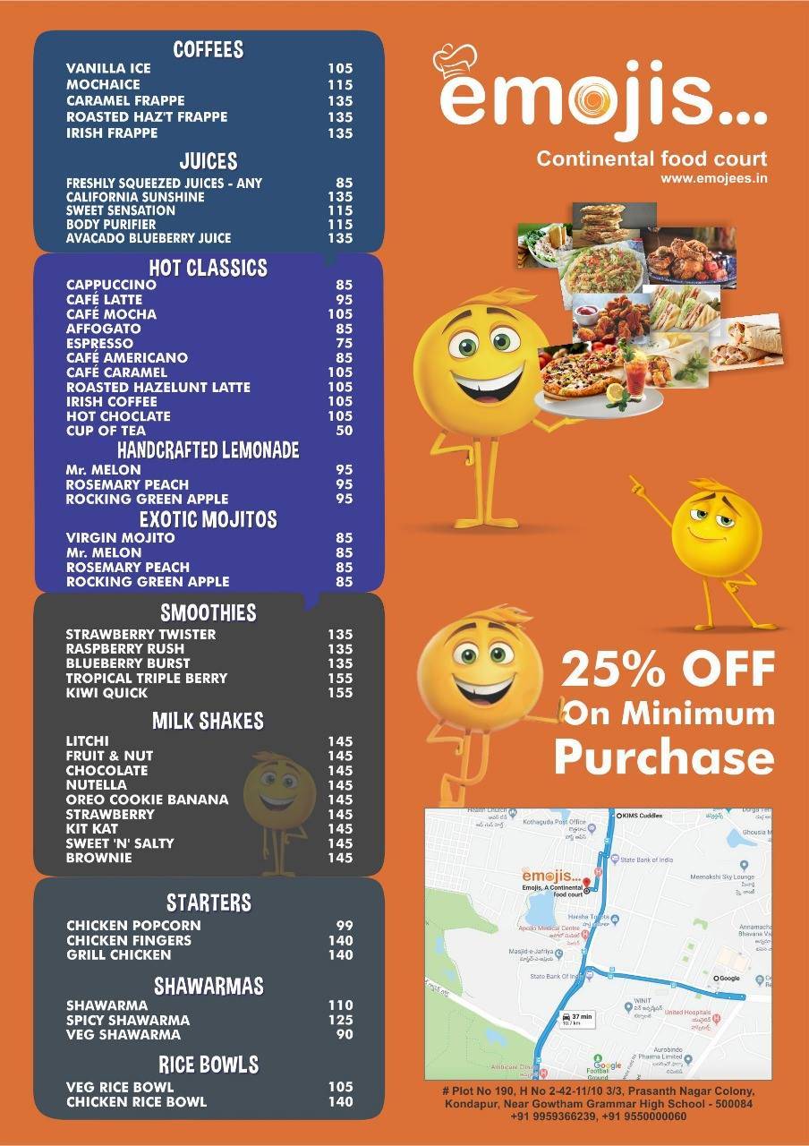 Menu at Emojis, Hyderabad