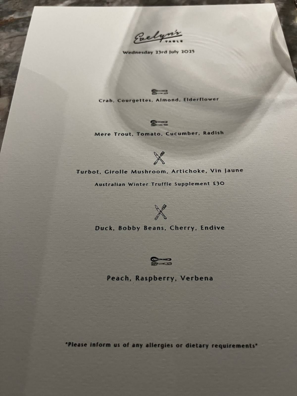 Menu at Evelyn's Table restaurant, London