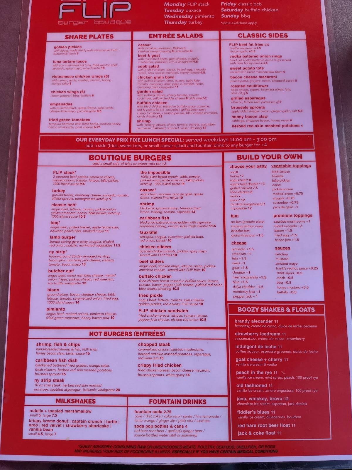 Menu at FLIP burger boutique restaurant, Atlanta, Howell Mill Rd