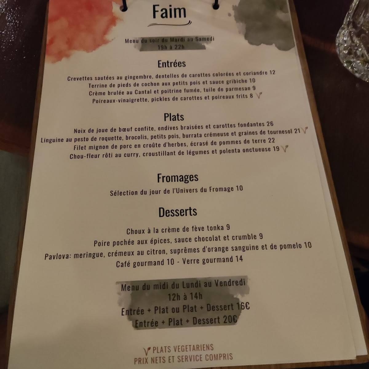 Menu au Faim & Soif restaurant, Paris