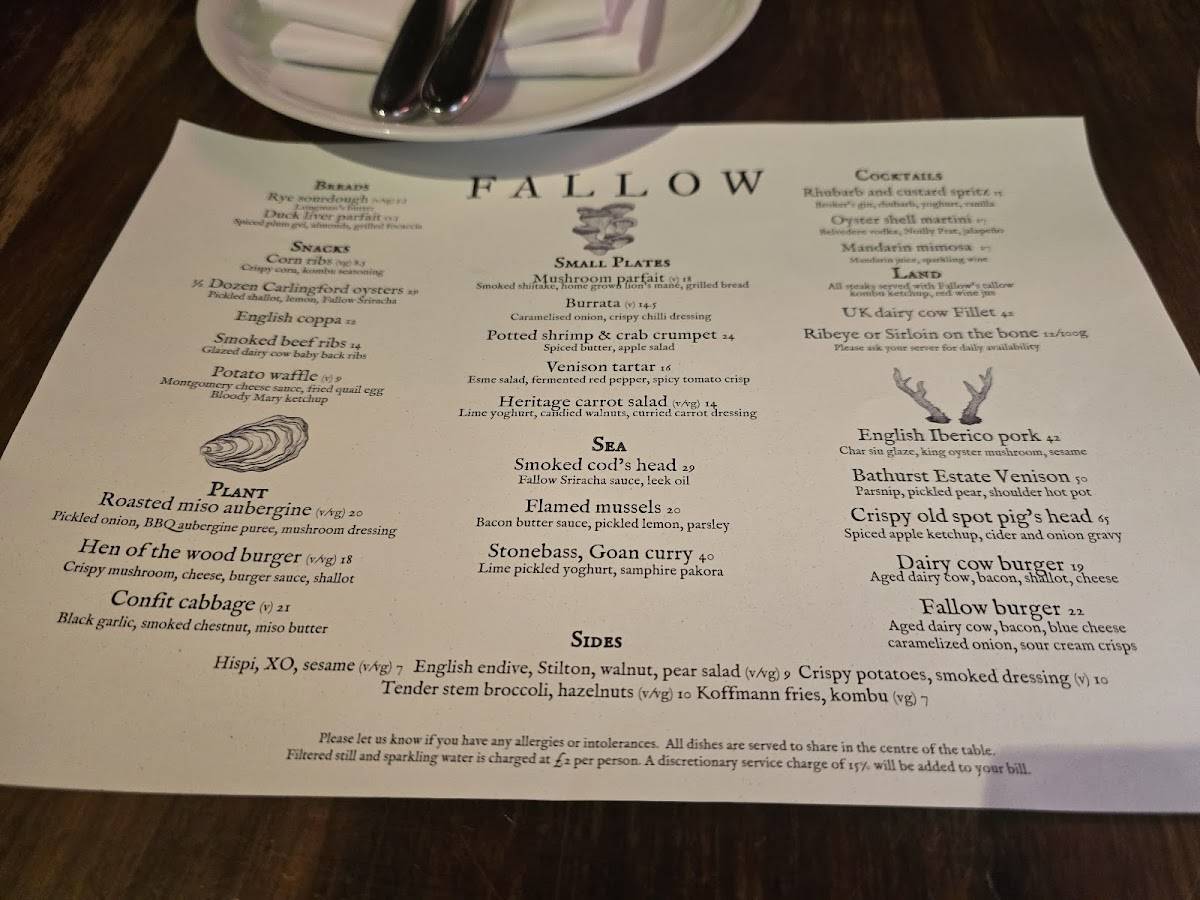 Menu at Fallow restaurant, London