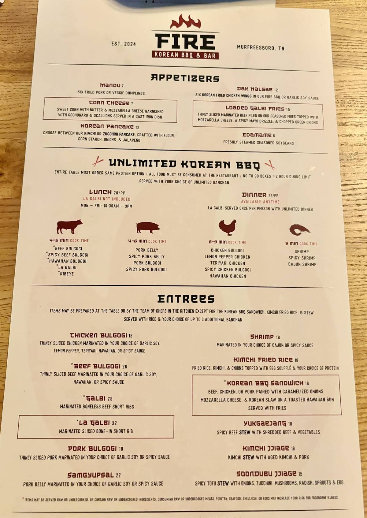 Menu at Fire Korean BBQ & Bar, Murfreesboro