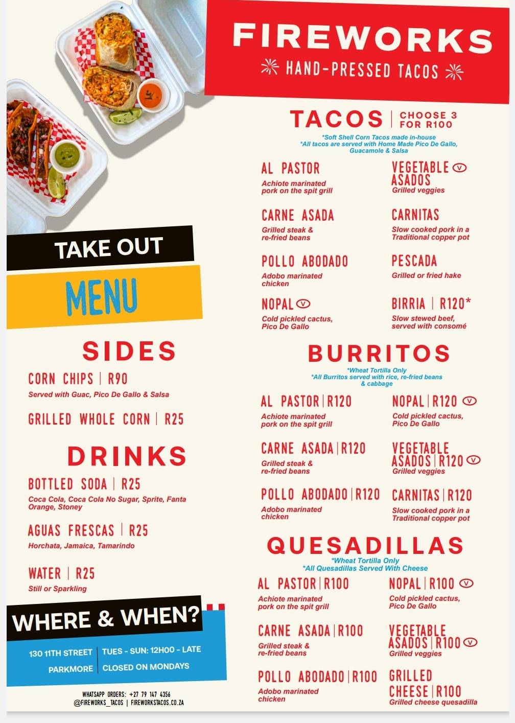 Menu at Fireworks Tacos Parkmore restaurant, Johannesburg