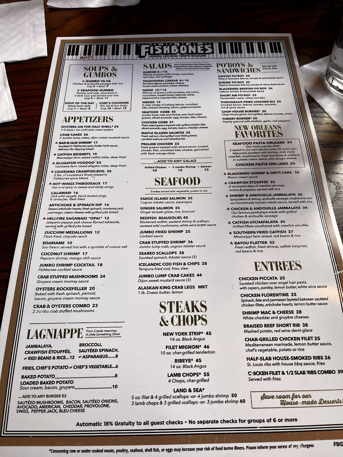 Menu at Fishbone's restaurant, Detroit, 400 Monroe St #8th