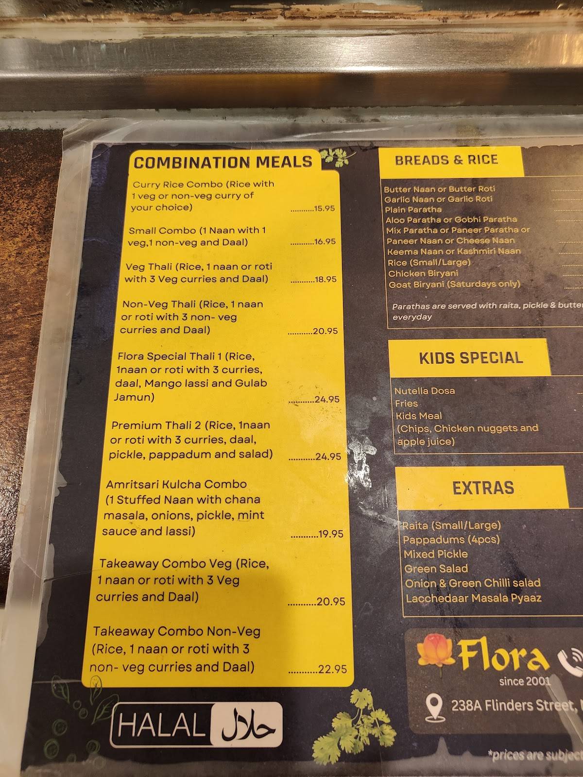Menu at Flora Indian Restaurant Melbourne CBD, Melbourne