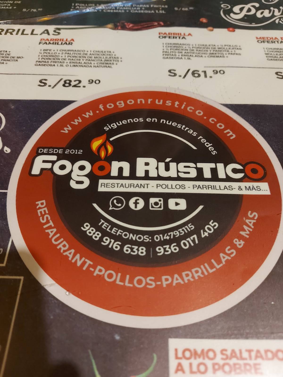 Carta del restaurante Fogon Rustico, Ventanilla, Av. Pedro Beltran 2