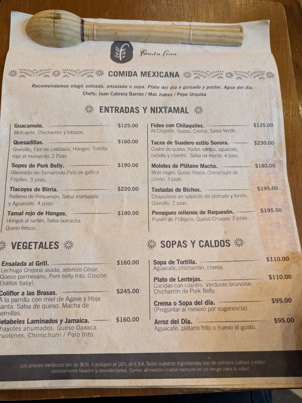 Menu at Fonda Fina restaurant, Ciudad López Mateos