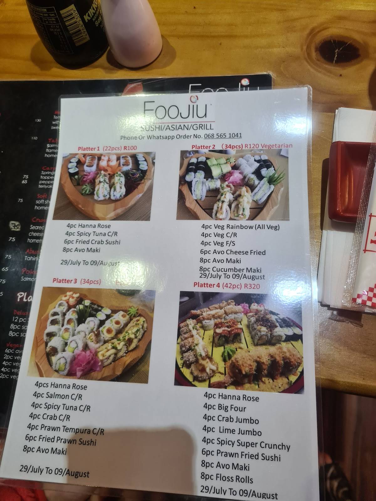 Menu at Foo Jiu Sushi restaurant, Port Elizabeth