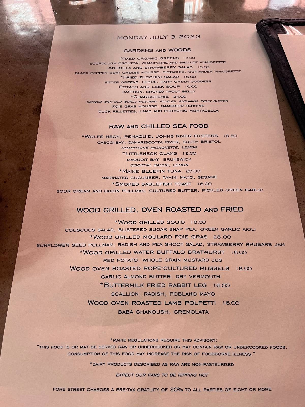 Menu at Fore Street Restaurant, Portland