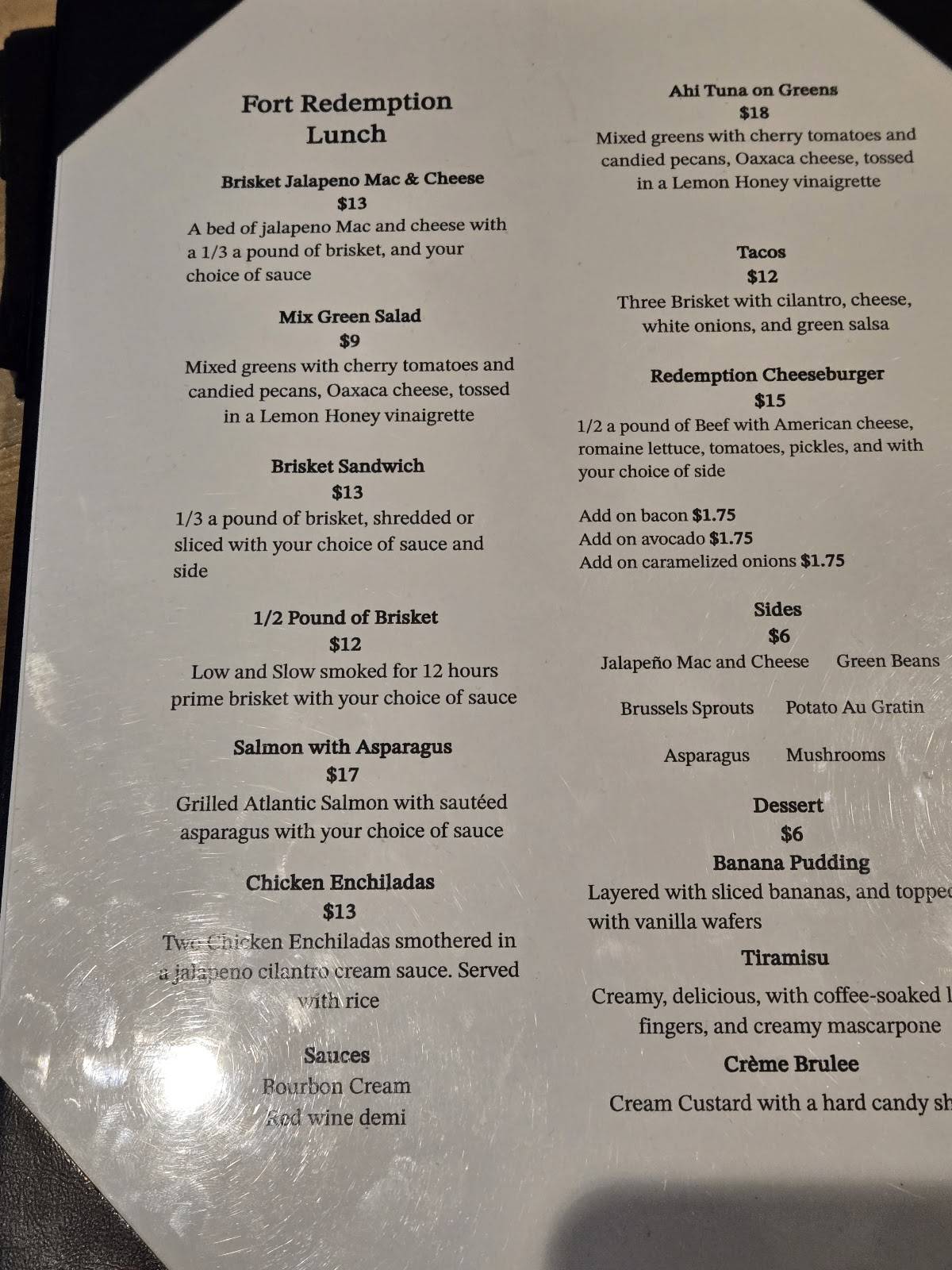Menu at Fort Redemption pub & bar, Fort Worth