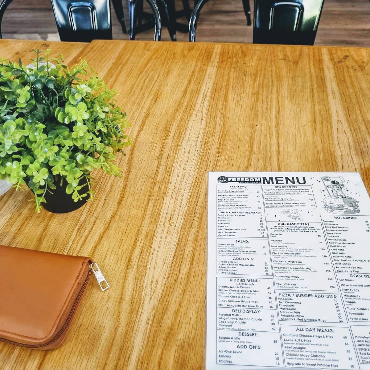Menu at Freedom Adventure Park restaurant, Cape Town