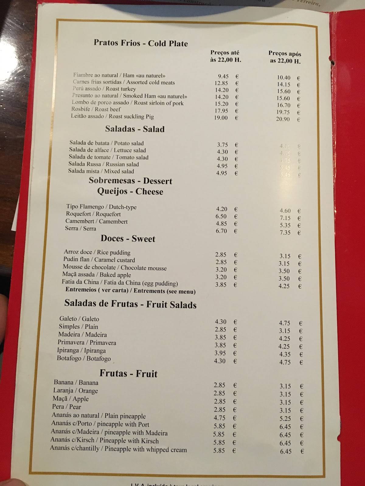 Menu em Galeto restaurante, Lisboa