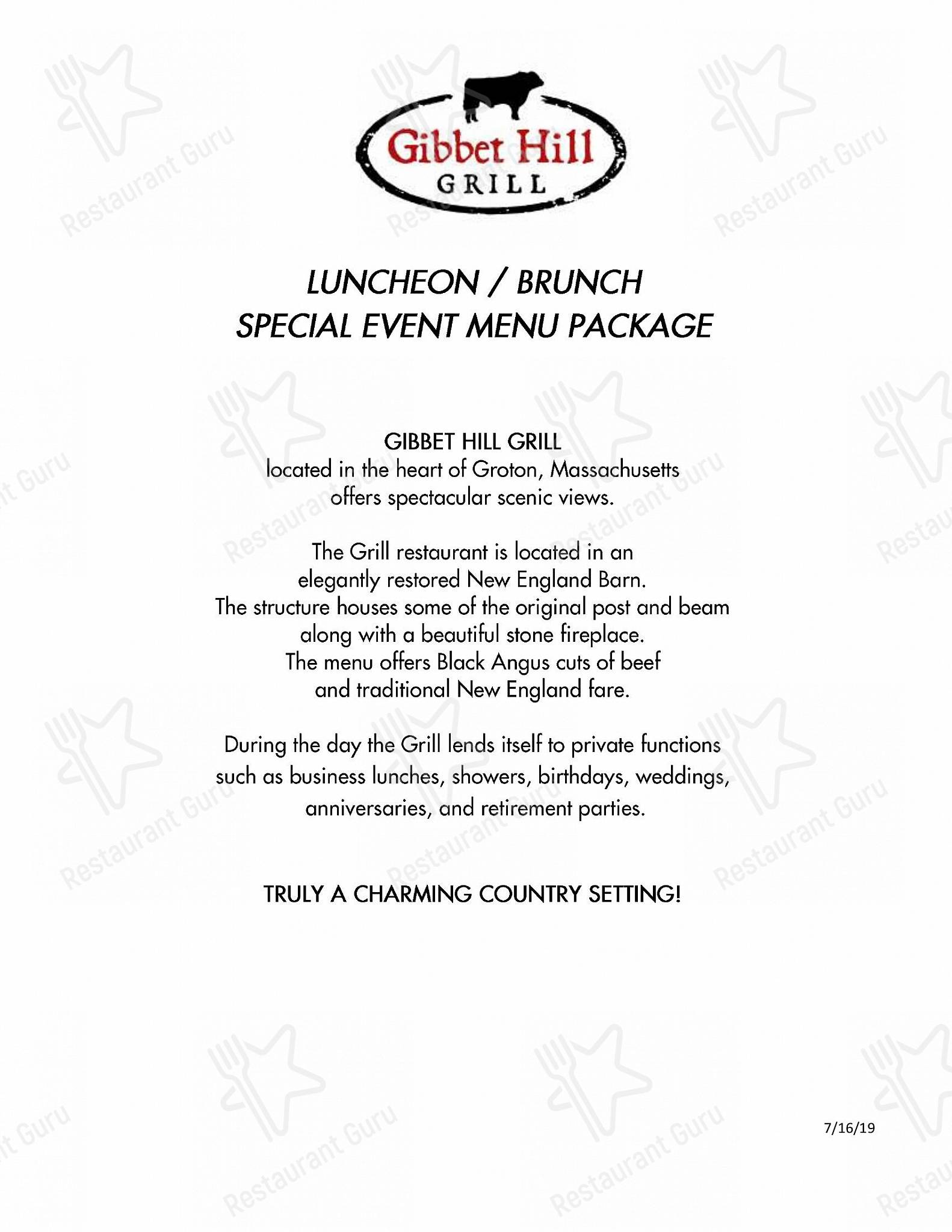 Menu at Gibbet Hill Grill restaurant, Groton