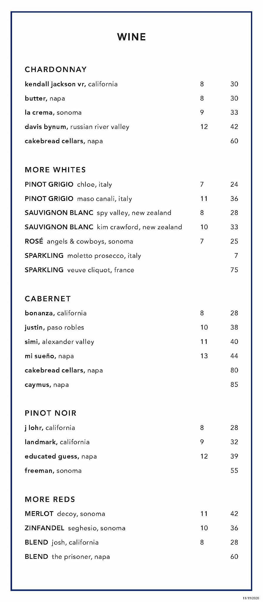 Menu at Gibbons Fine Grill restaurant, Shreveport