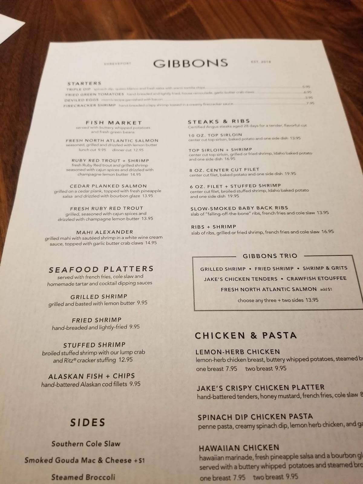 Menu at Gibbons Fine Grill restaurant, Shreveport
