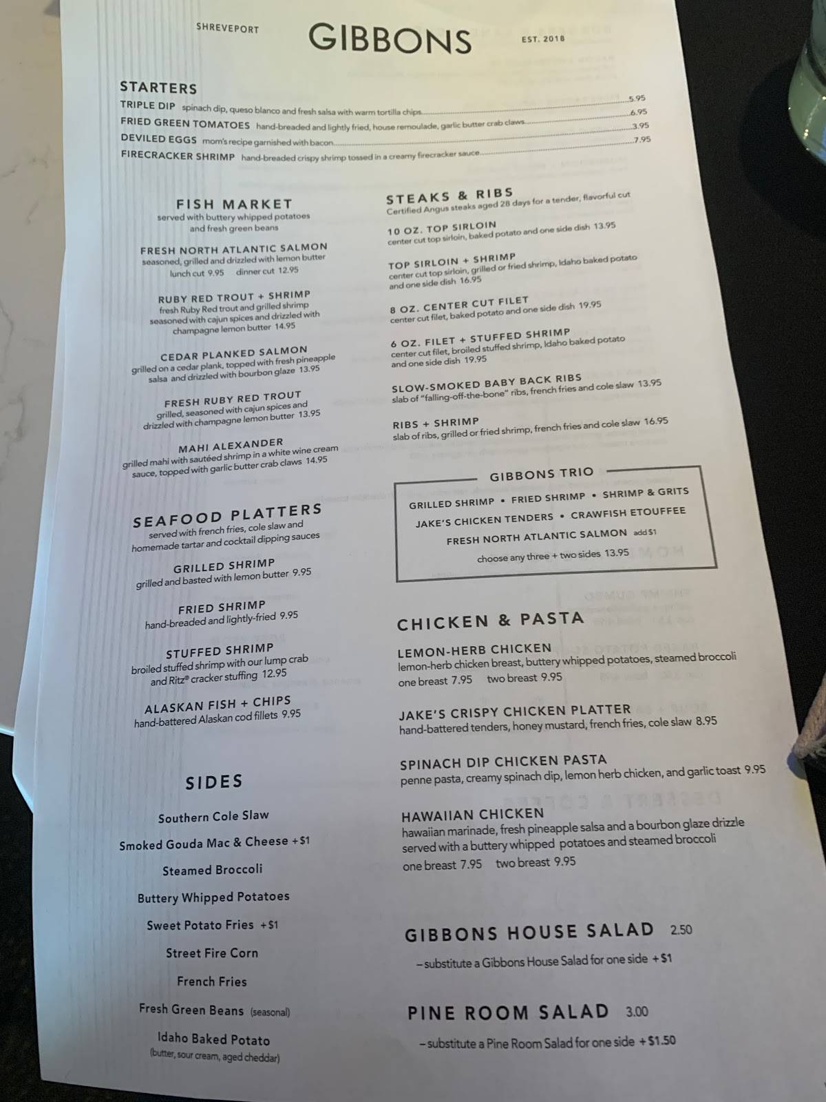 Menu at Gibbons Fine Grill restaurant, Shreveport
