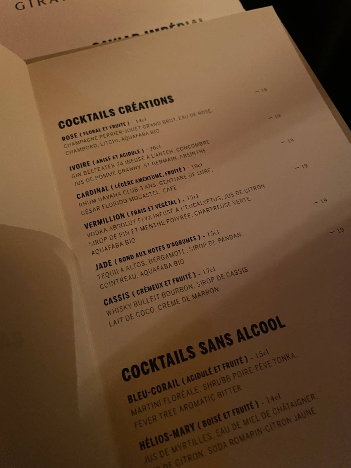 Menu at Girafe Restaurant, Paris
