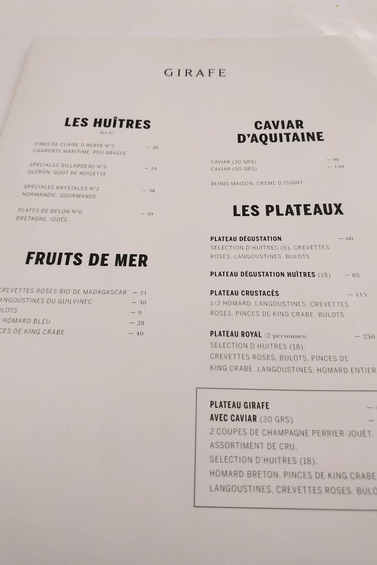 Menu at Girafe Restaurant, Paris