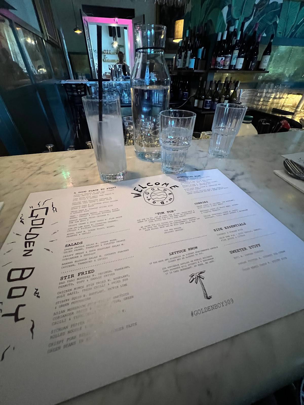 Menu at Golden Boy restaurant, Adelaide