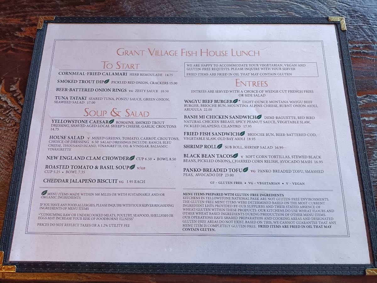 Menu at Grant Village Dining Room restaurant, USA, 550 Sculpin Ln