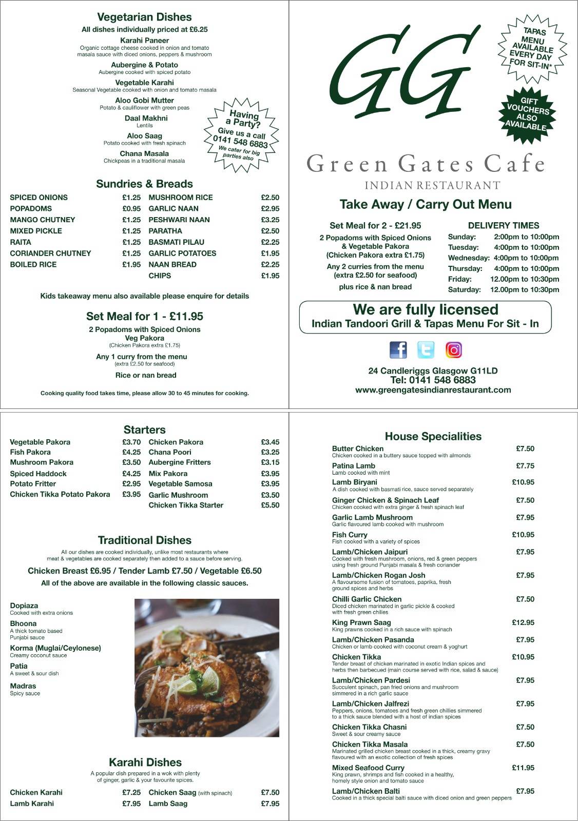 Menu at Green Gates Cafe, Glasgow