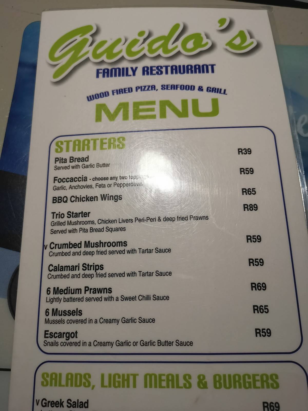 Menu at Guido's Beachfront restaurant, East London