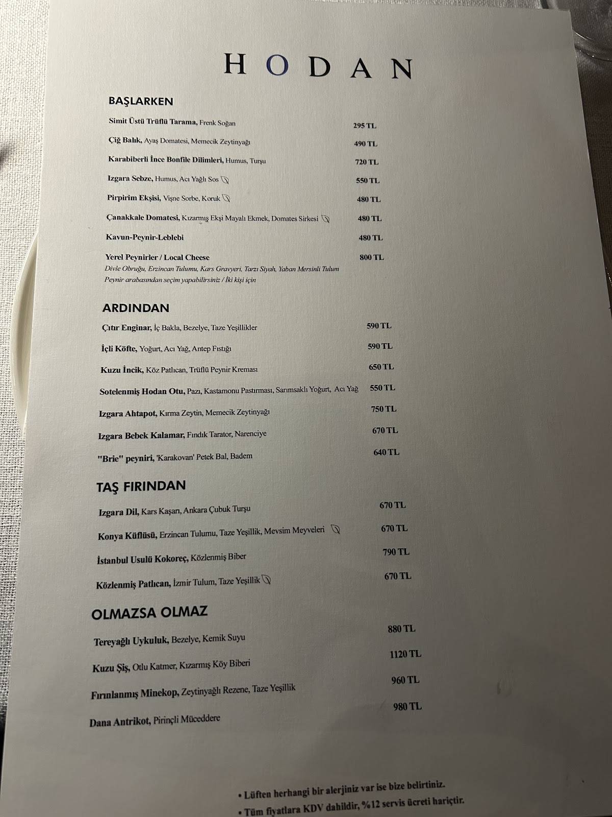 Menu at HODAN, Istanbul