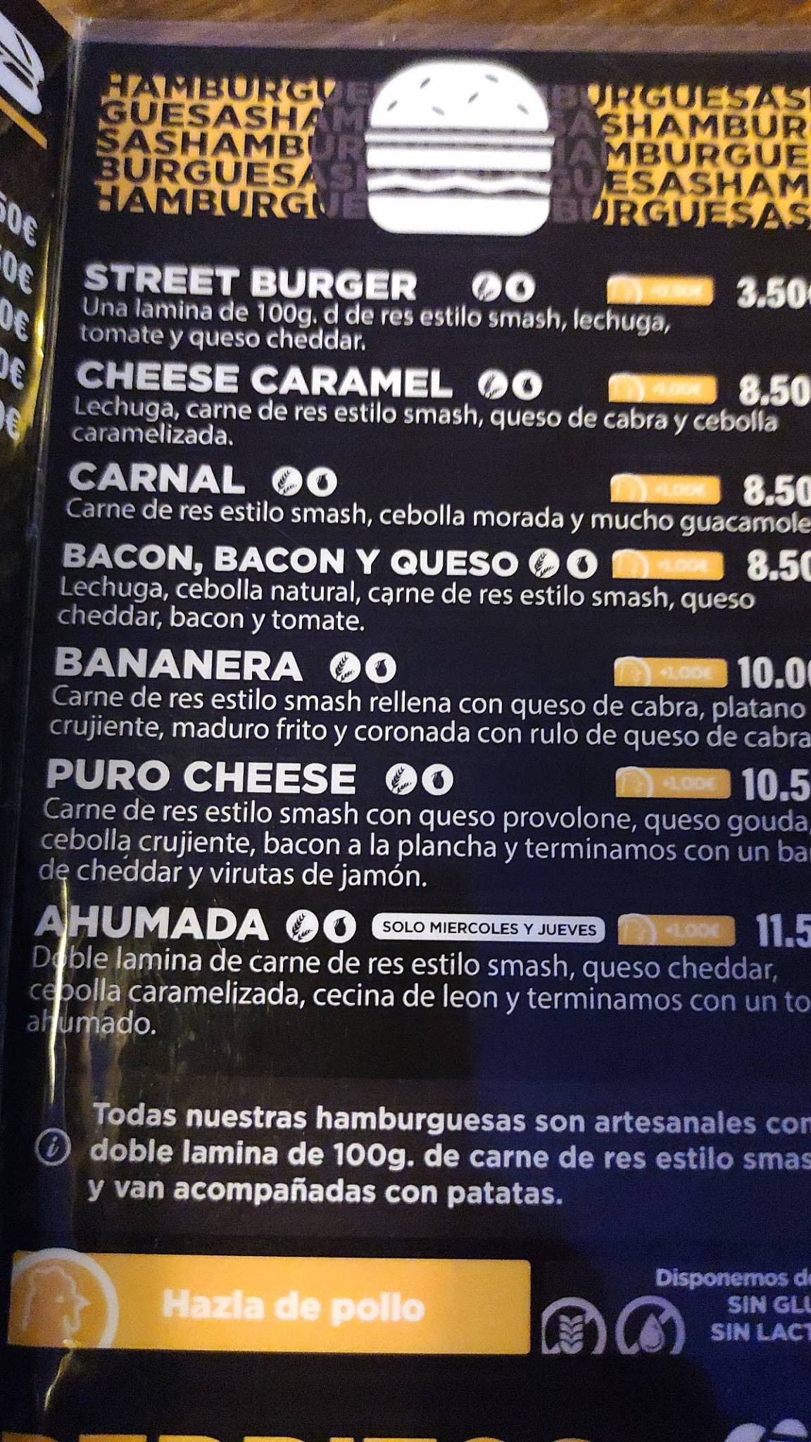 Carta del restaurante Hamburguesería Don Tomás Street Food, Valdepeñas