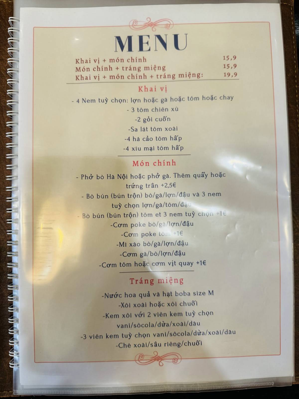 Menu au HANOI QUAN restaurant, Paris