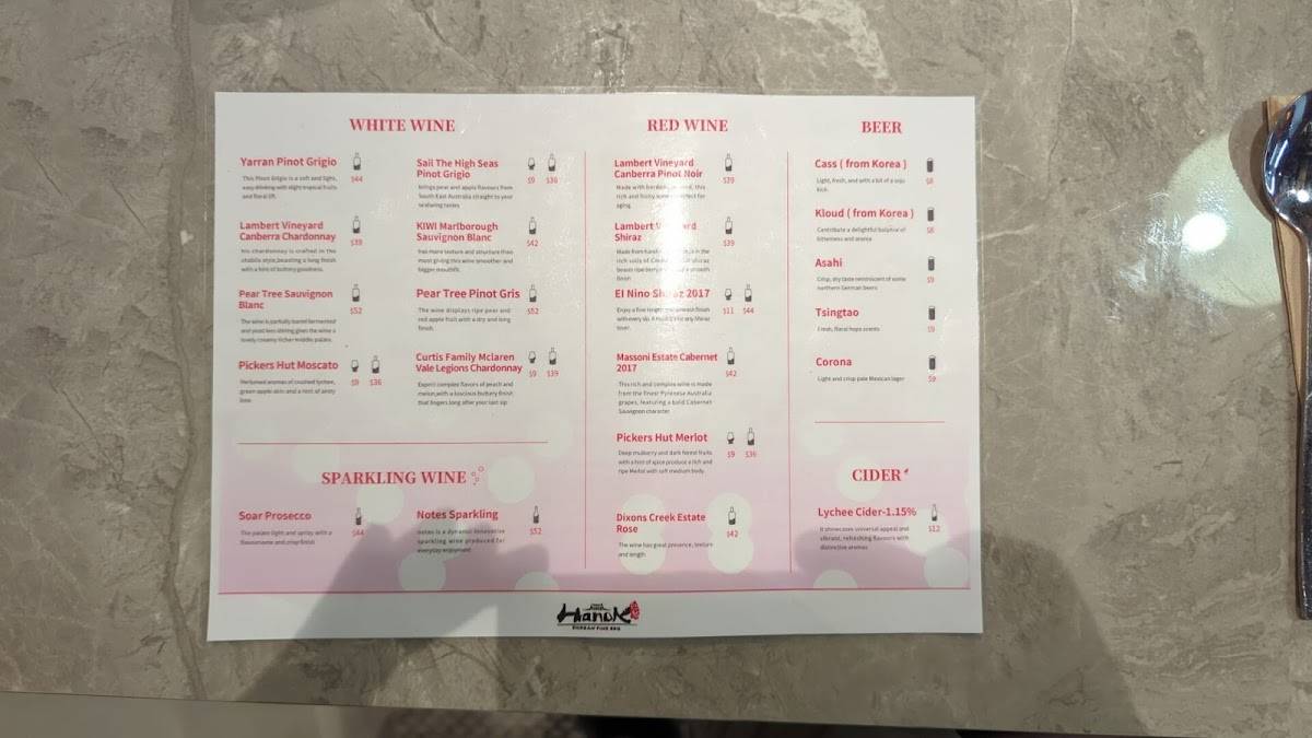 Menu at Hanok Korean BBQ Capital Food Market, Belconnen