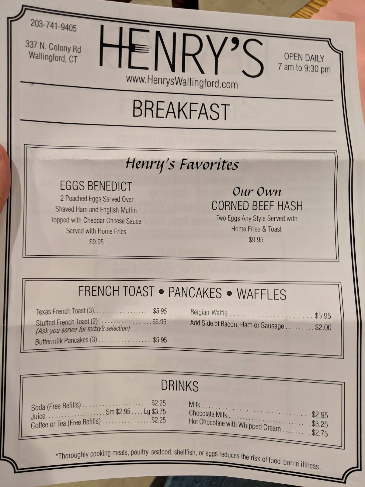 Menu at Henry's restaurant, Wallingford