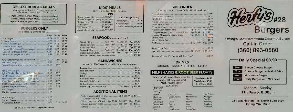 Menu at Herfy's Burger restaurant, Orting, 211 Washington Ave N
