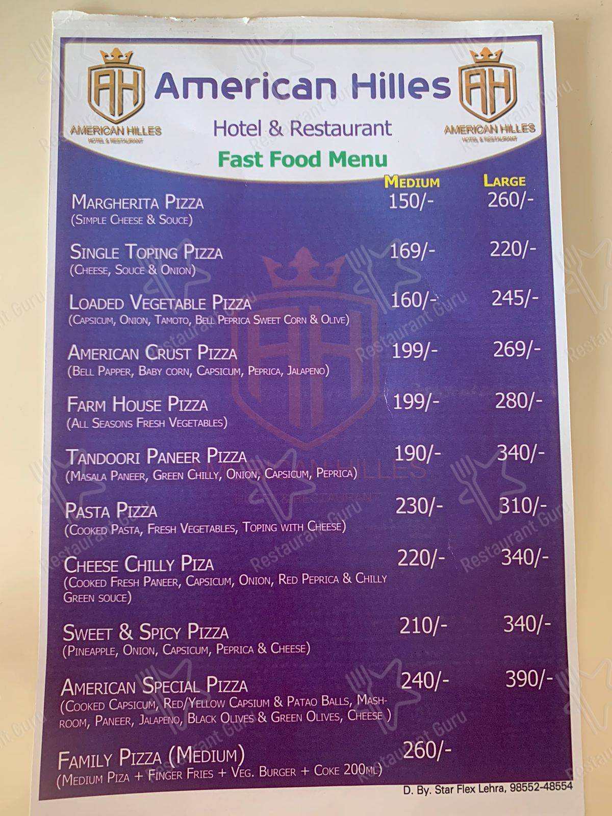 Menu at Hotel American Hilles, Lehragaga
