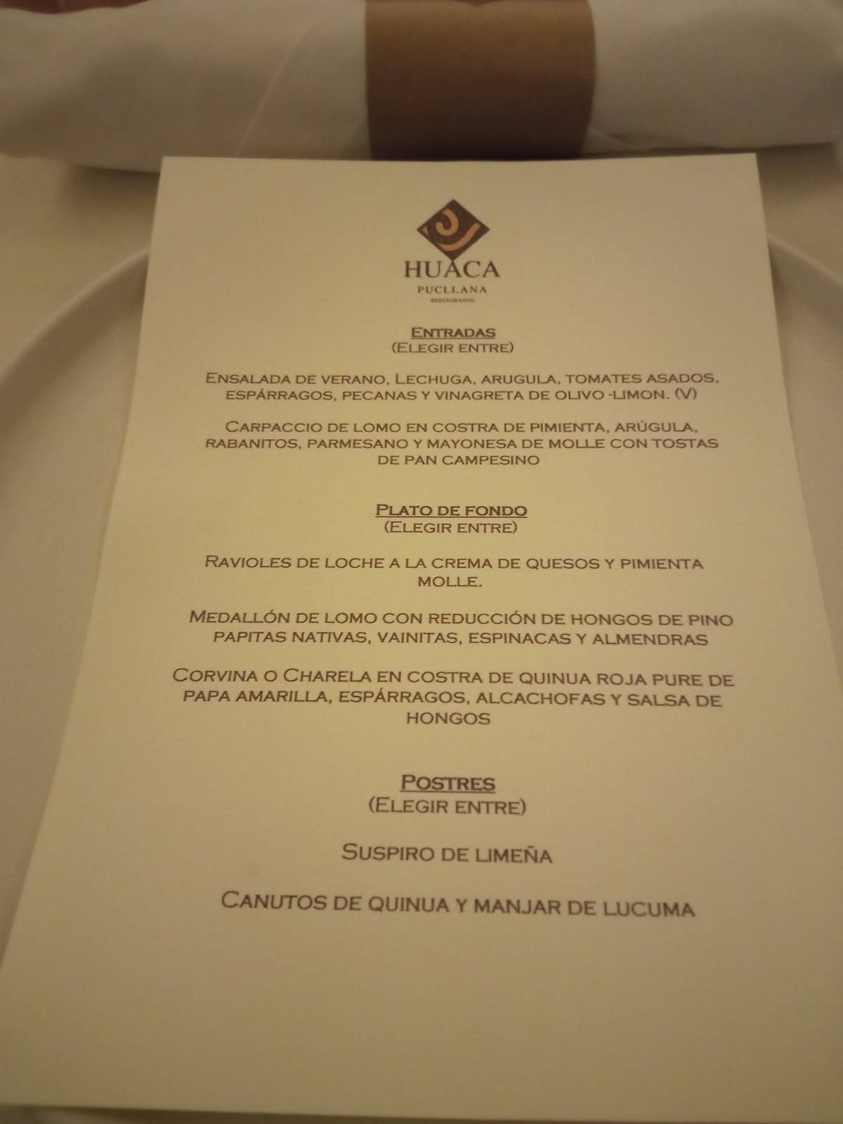 Menu at Restaurant Huaca Pucllana, Lima