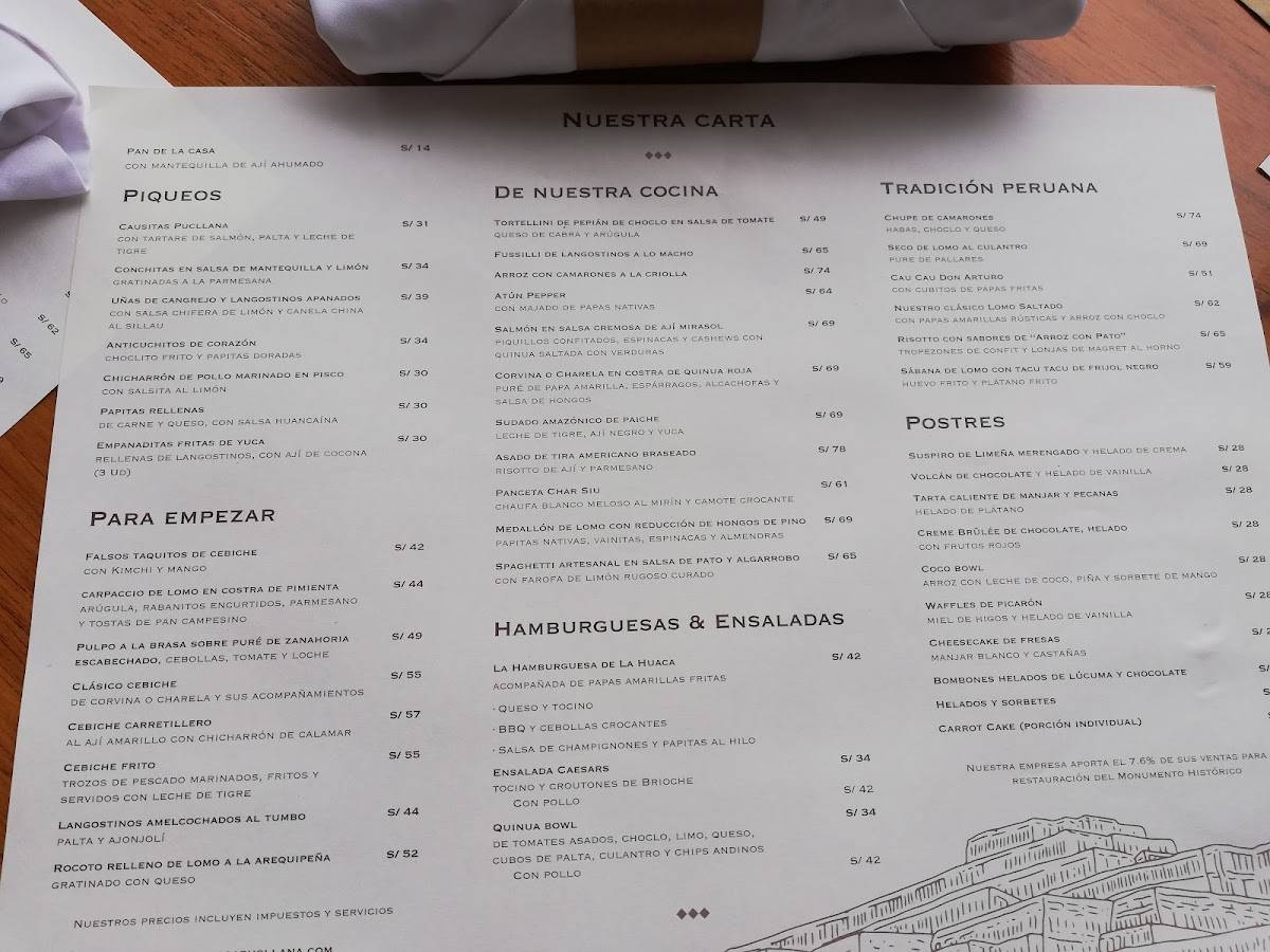 Menu at Restaurant Huaca Pucllana, Lima
