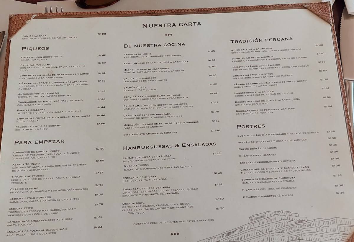 Menu at Restaurant Huaca Pucllana, Lima, Ca. Gral. Borgoño Nº860