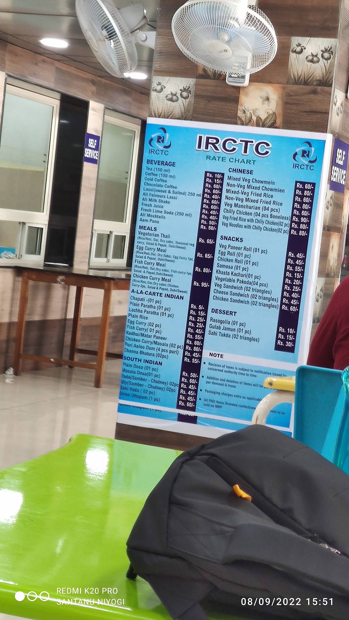 Menu at IRCTC Canteen Bikash Bhawan, Kolkata