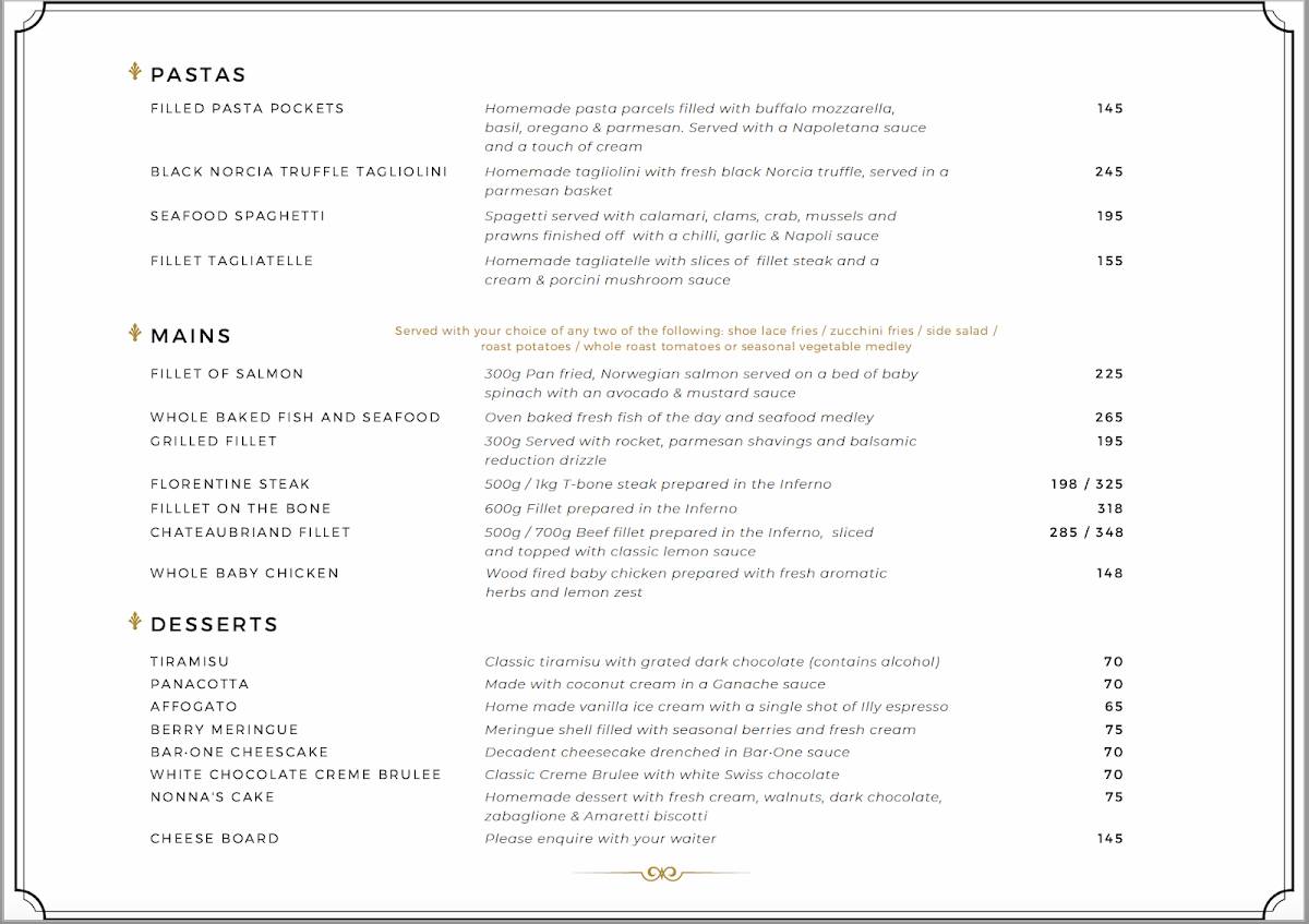 Menu at V8 Lounge & Skybar, Hartbeespoort