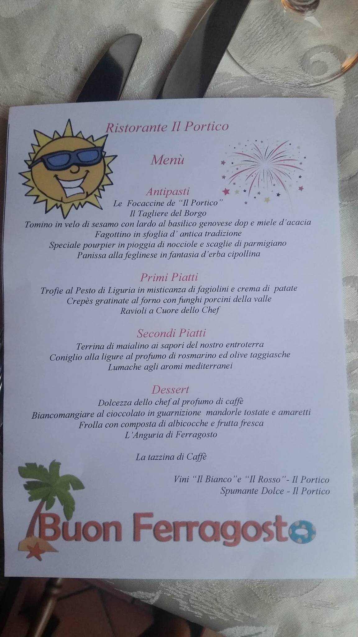 Menu da Taverna Ristorante Il Portico, Feglino