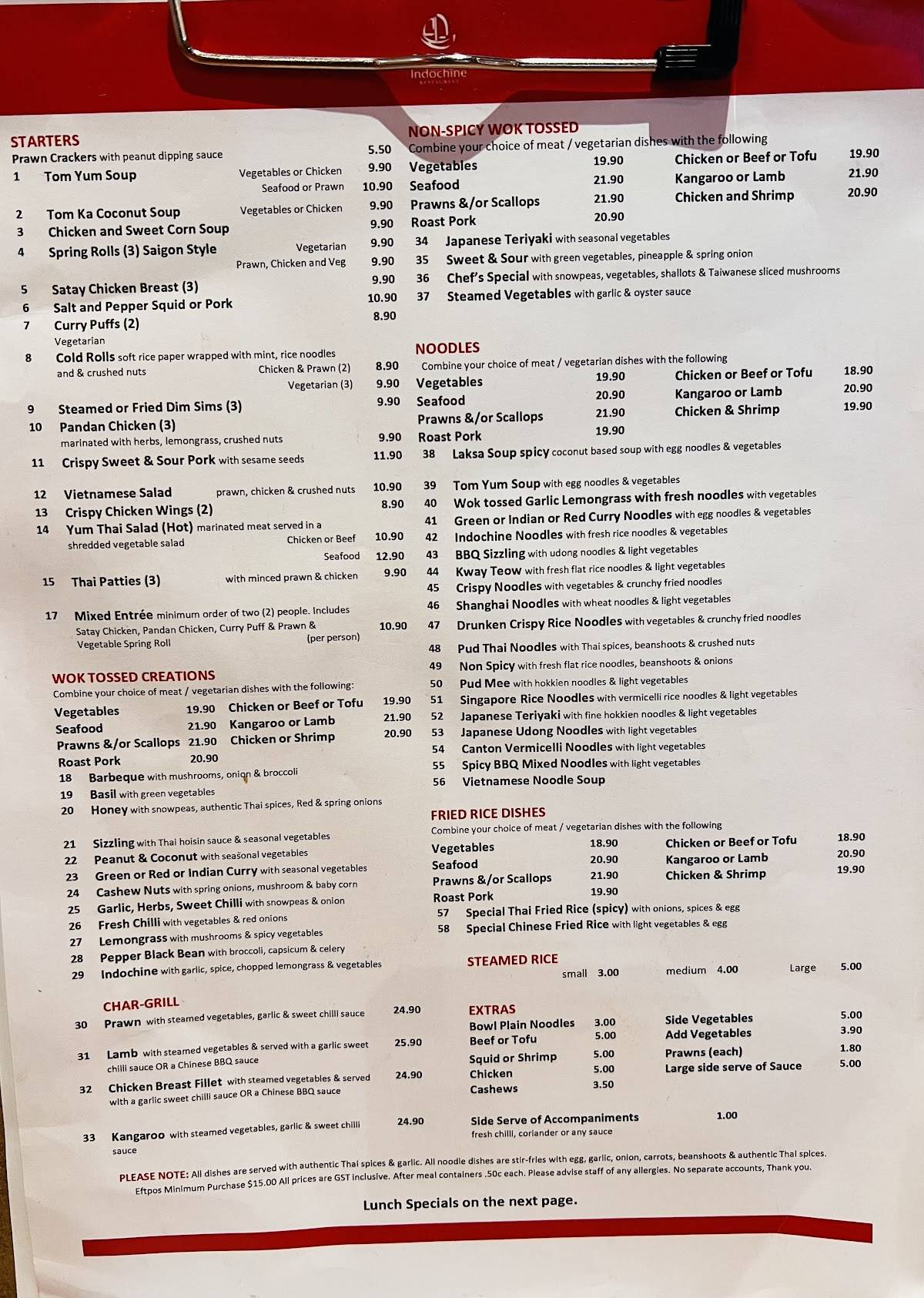 Menu at Indochine Cafe and Restaurant ( Laman House), Glenelg